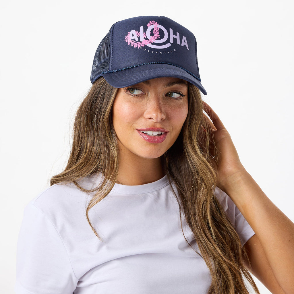 ALOHA COLLECTION TRUCKER HAT / LEI ALOHA / LILAC/NAVY – Work It Out